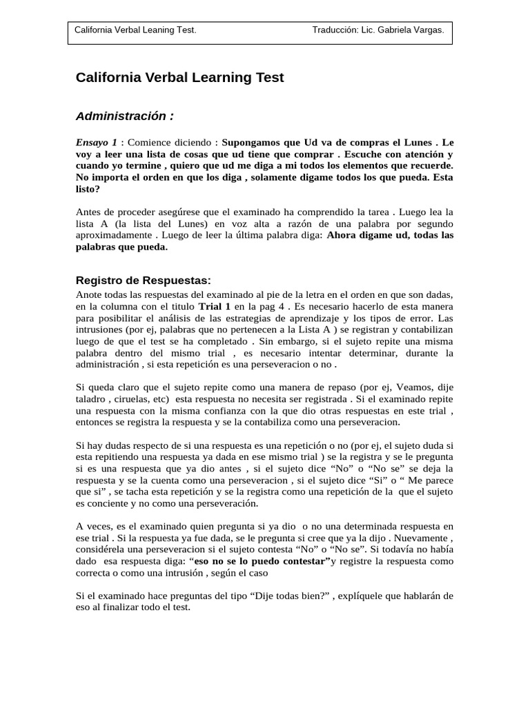 CVLT Traduccion | PDF | Recuperar (memoria) | Memoria