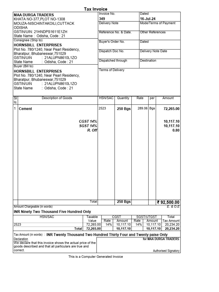 Tax Invoice for Cement Purchase | PDF | Market (Economics) | Trade