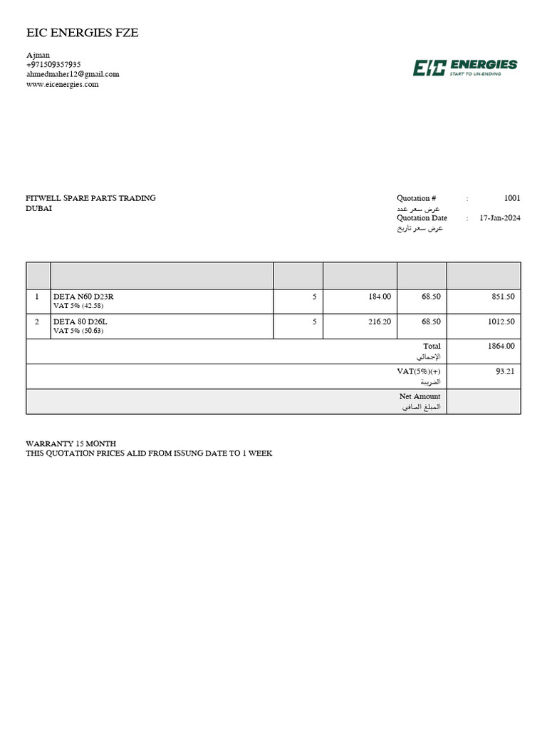 Quotation for FITWELL Spare Parts | PDF