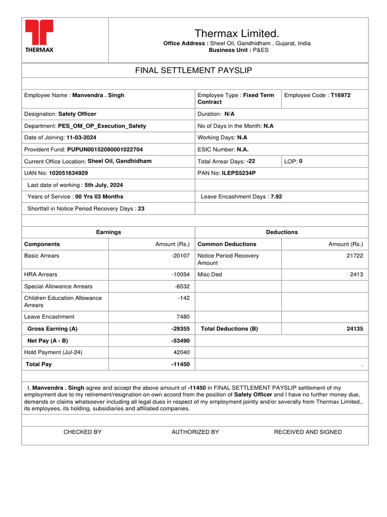 Final Settlement Payslip for Manvendra Singh | PDF | Economies | Business
