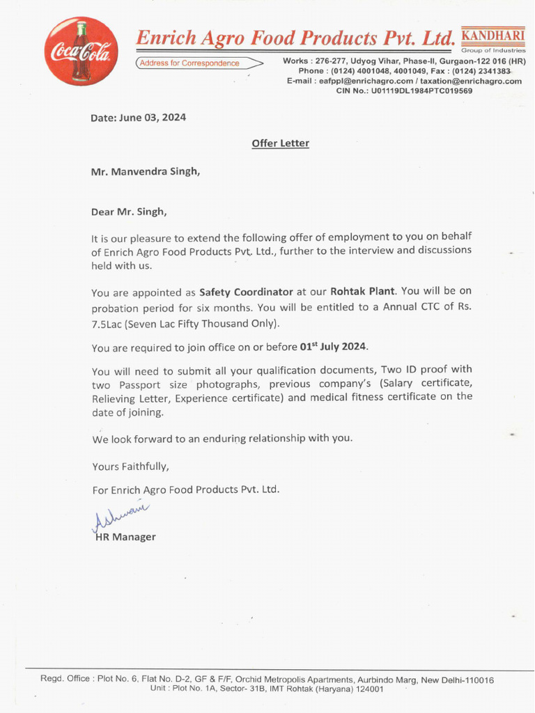 Offer Letter - Manvendra Singh (Safety Coordinator) | PDF