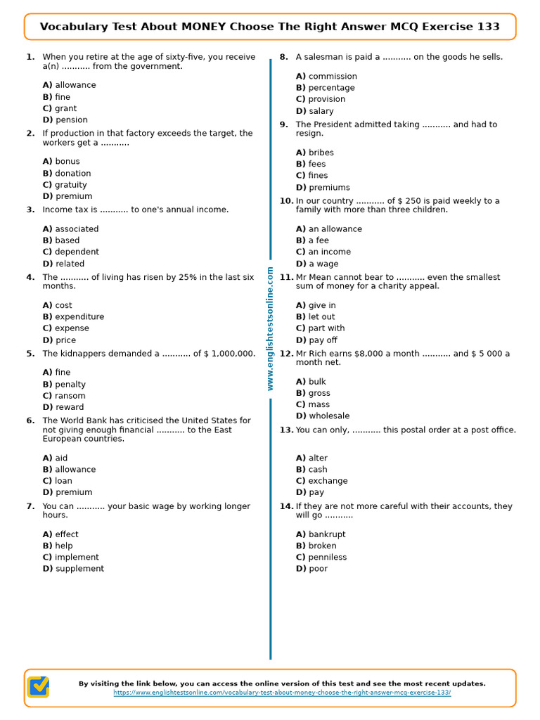 Vocabulary Test About moneyKEY | PDF | Taxes | Insurance