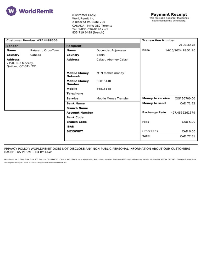 Payment Receipt | PDF | Wire Transfer | Banking