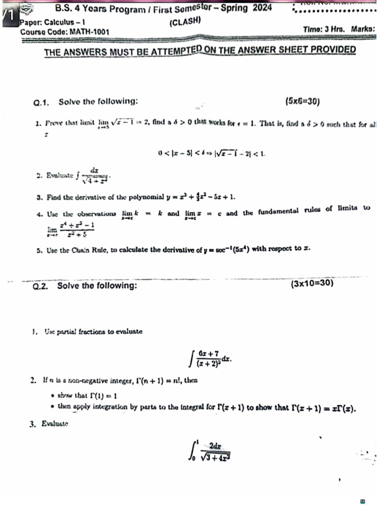 Calculus-1 Past_Papers | PDF