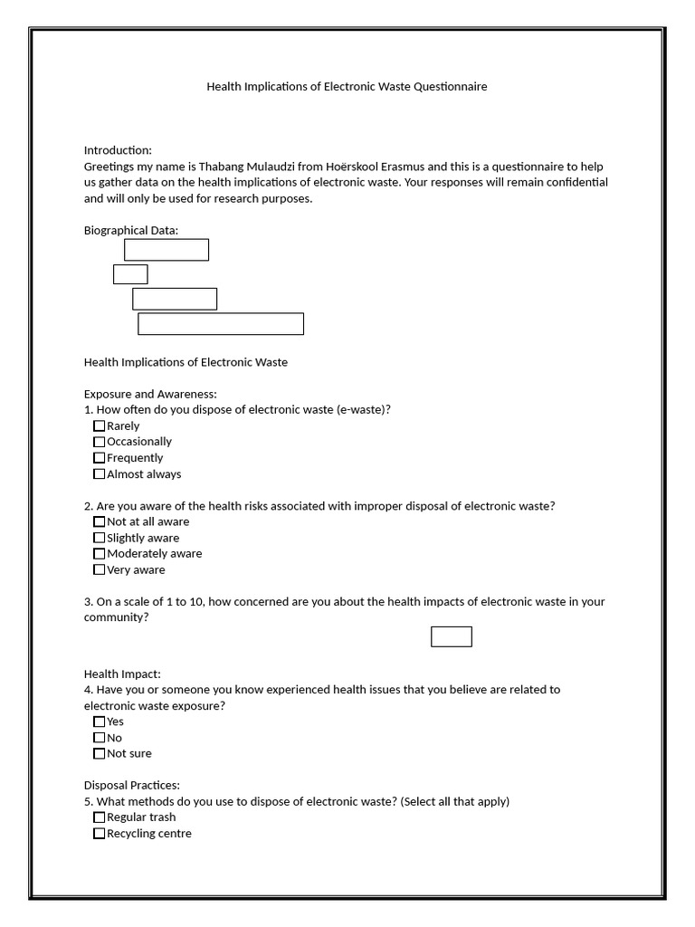 Health Implications of Electronic Waste Questionnair1 (Acssess | PDF ...