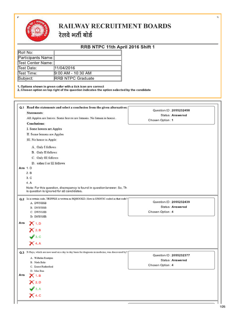RRB NTPC Exam Question Paper 2016 | PDF
