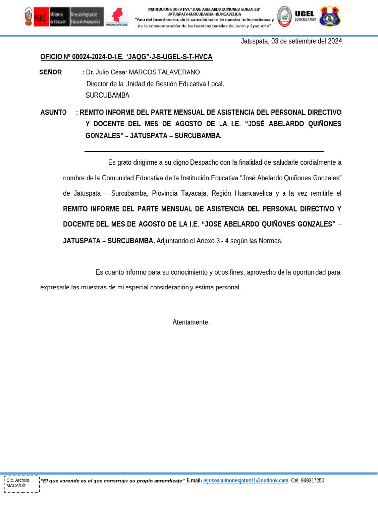 Oficio 0024 Parte Mensual Agos | PDF