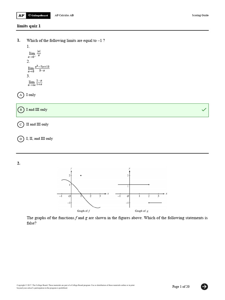 Answer Key To AP Calculus Skill Assessment 1 Limits (MCQ) | PDF ...