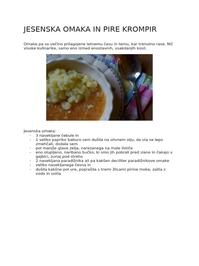 Jesenska Omaka in Pire Krompir | PDF