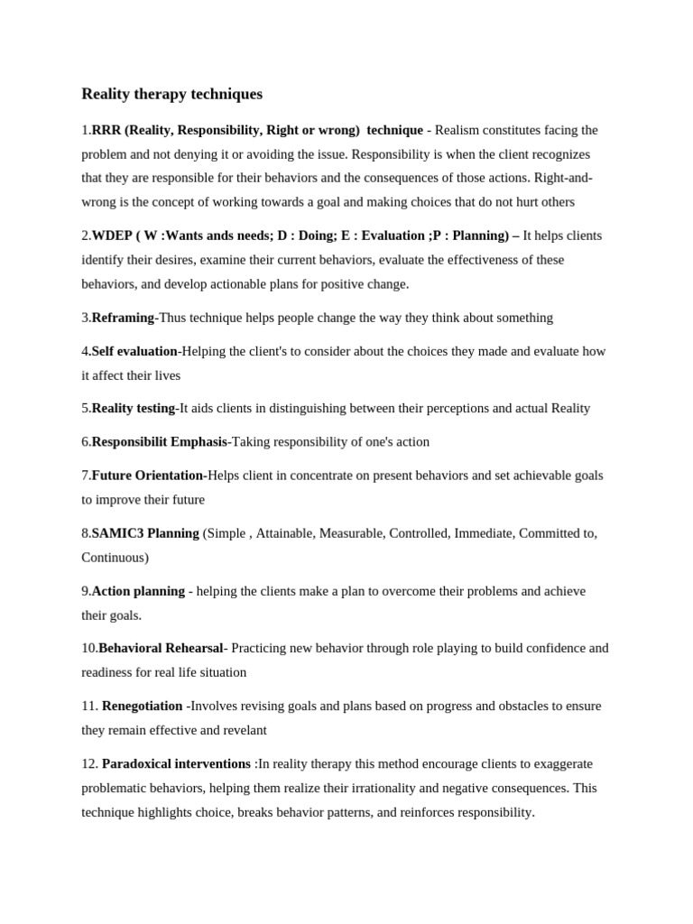 Reality Therapy Techniques | PDF | Behavior | Thought