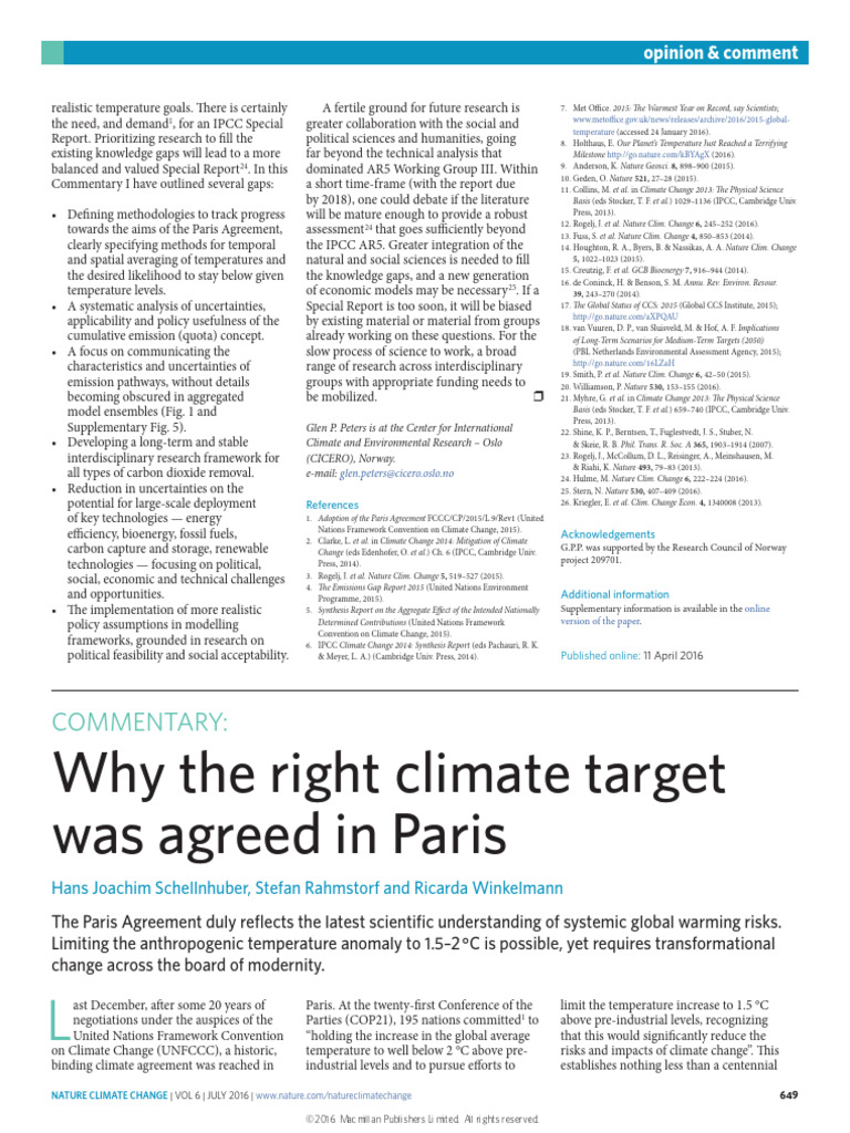 Why The Right Climate Target Was Agreed in Paris - Schellnhuber Et Al, Nature Climate Change 6 ...