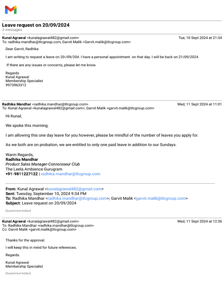 Gmail - Leave Request On 20 - 09 - 2024 | PDF