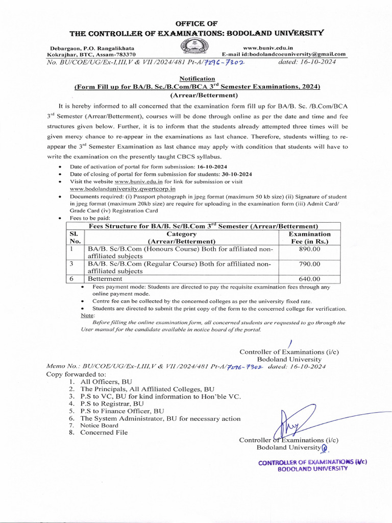 1728491773form Fill Up For BA - B.sc. - B.com - BCA 3rd Semester Examination 2024 (Arrear ...