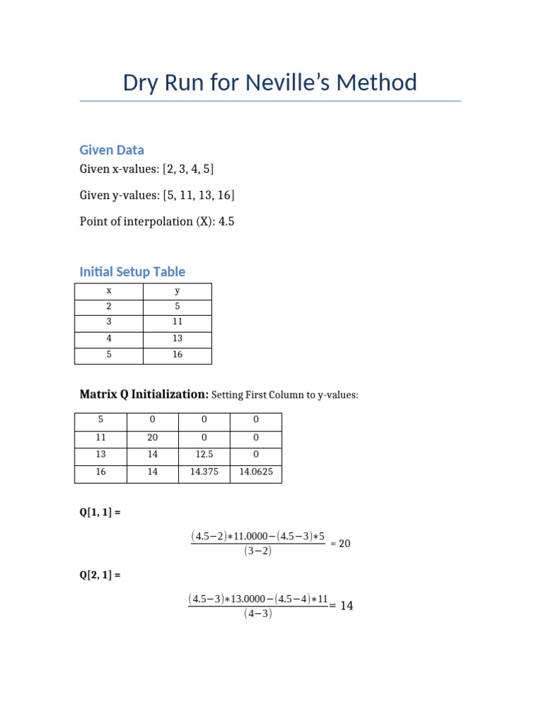 Neville's Method Dry Run Example | PDF