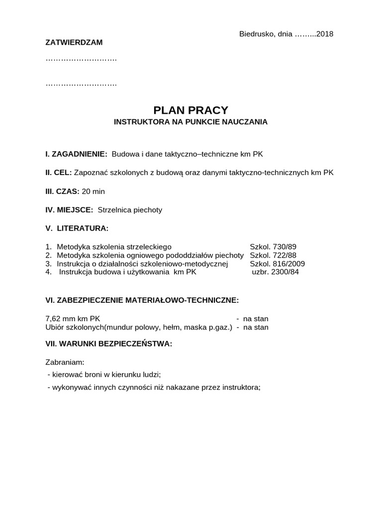 PLAN PRACY budowa i dane taktyczno techniczne km PK | PDF