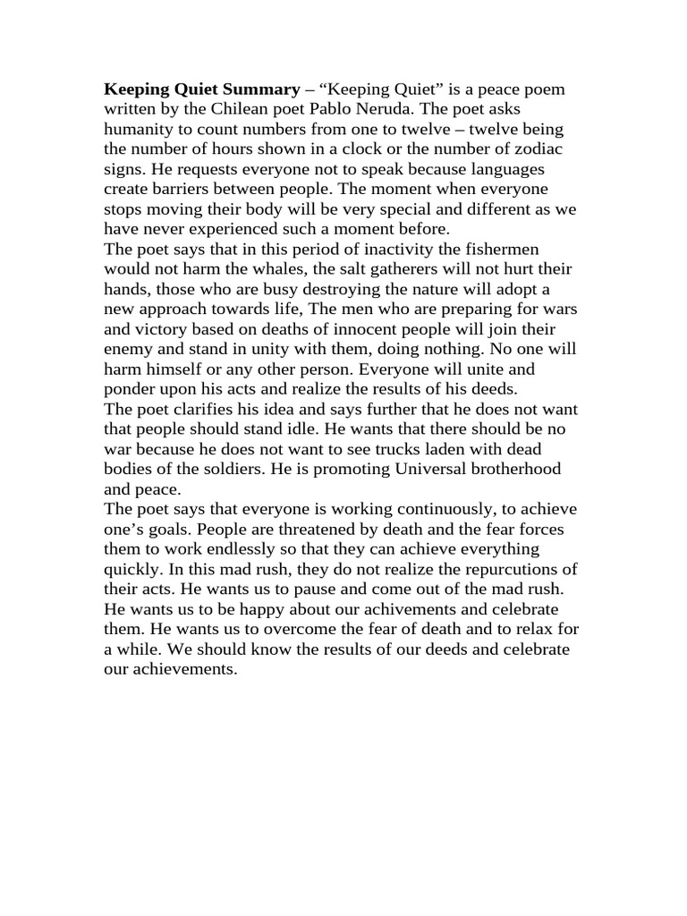 English Poem Keeping Quiet | PDF | Poetry