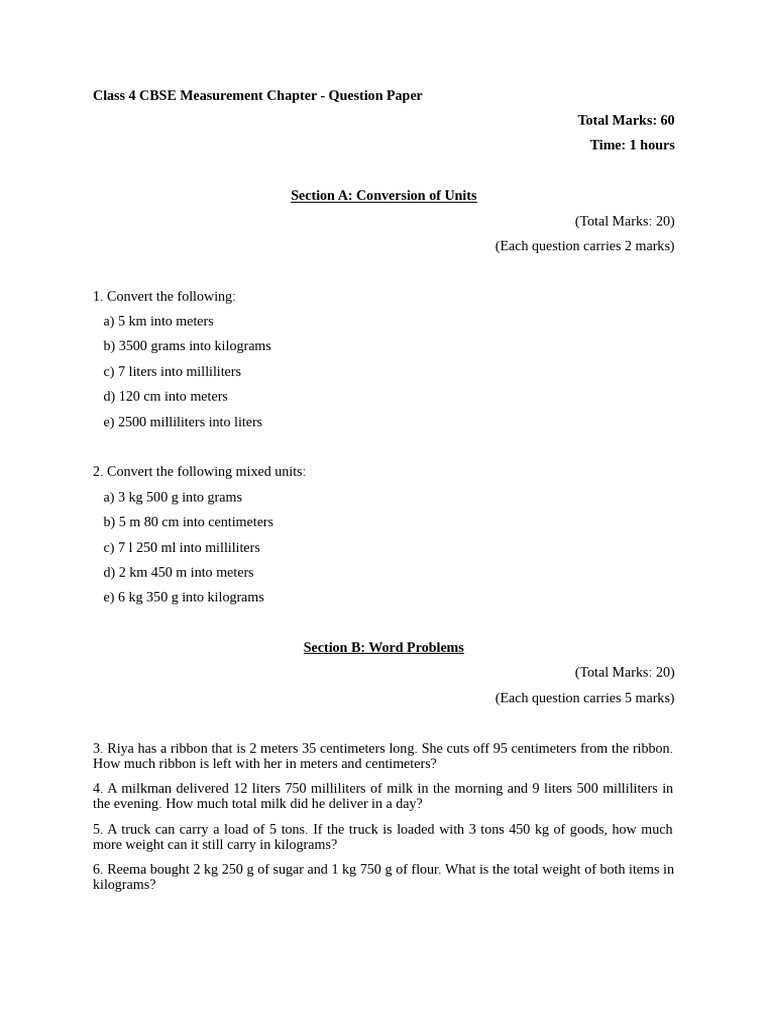 CBSE Class 4 Measurement Exam Paper | PDF | Litre | Kilogram