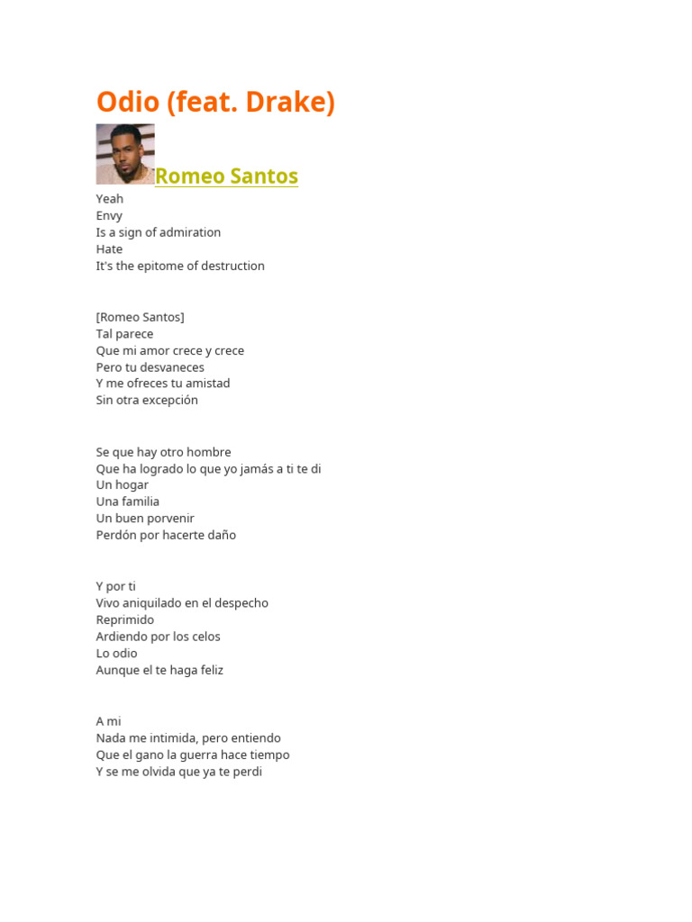 Odio: Letra de Romeo Santos y Drake | PDF | Grabación de sonido