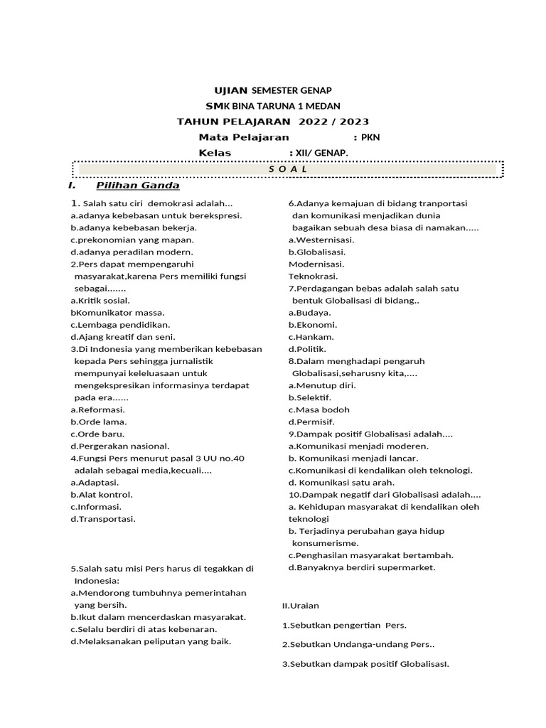 Soal PKN Kelas XII SMK TR Dan TSM | PDF