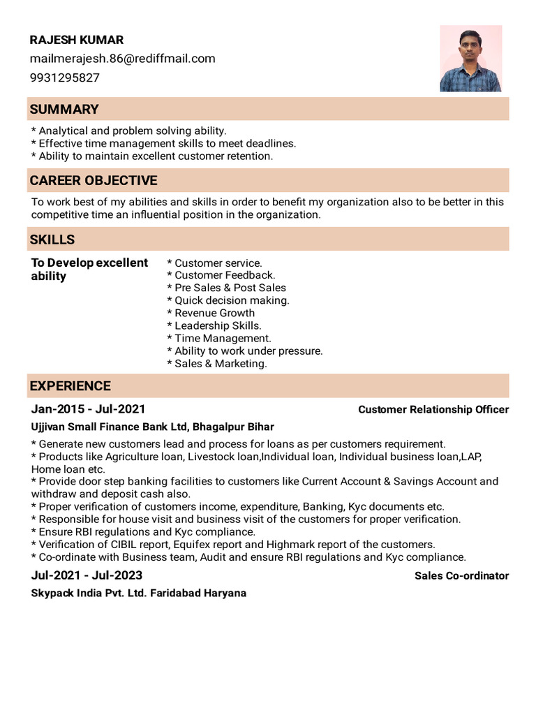 Rajesh Kumar: Sales & Customer Service Resume | PDF | Banks | Business ...