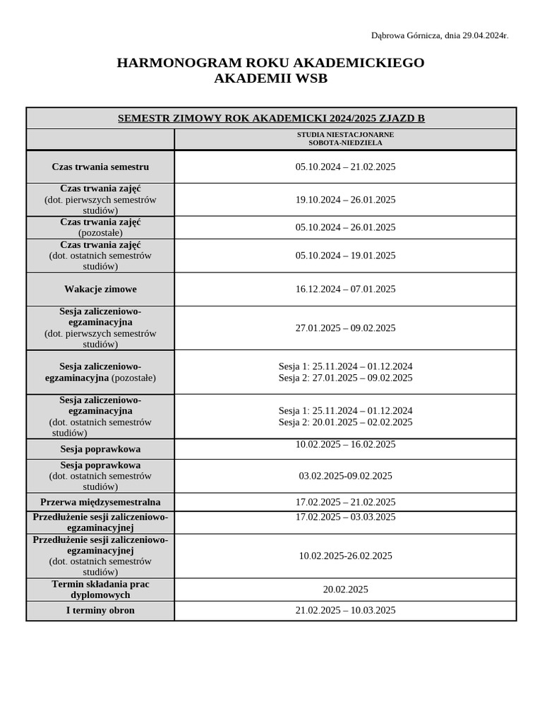 Harmonogram Roku Akademickiego 2024 2025 Zjazd B | PDF