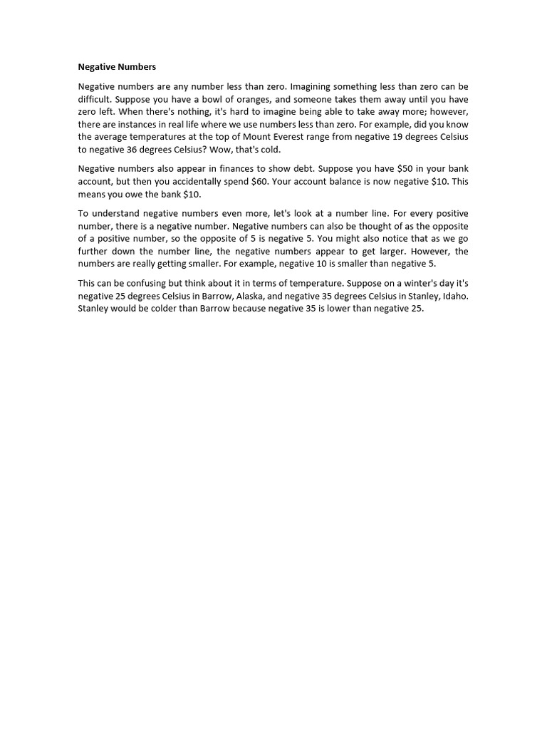 Negative Numbers | PDF