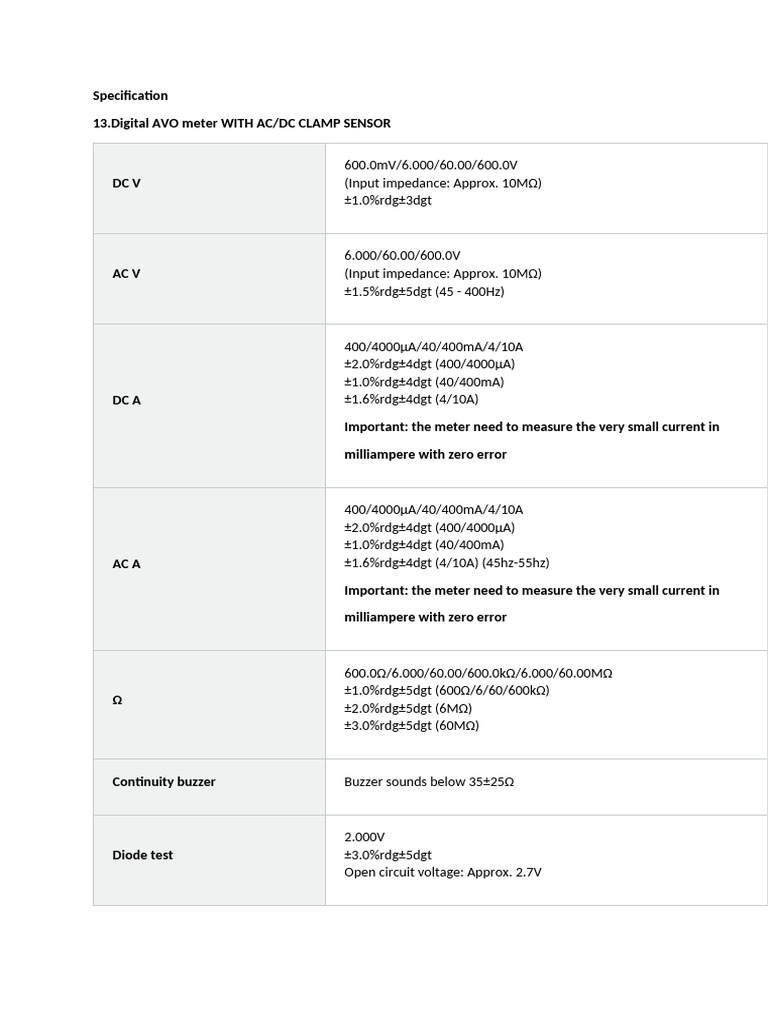Specification AVO meter | PDF | Alternating Current | Electrical Impedance