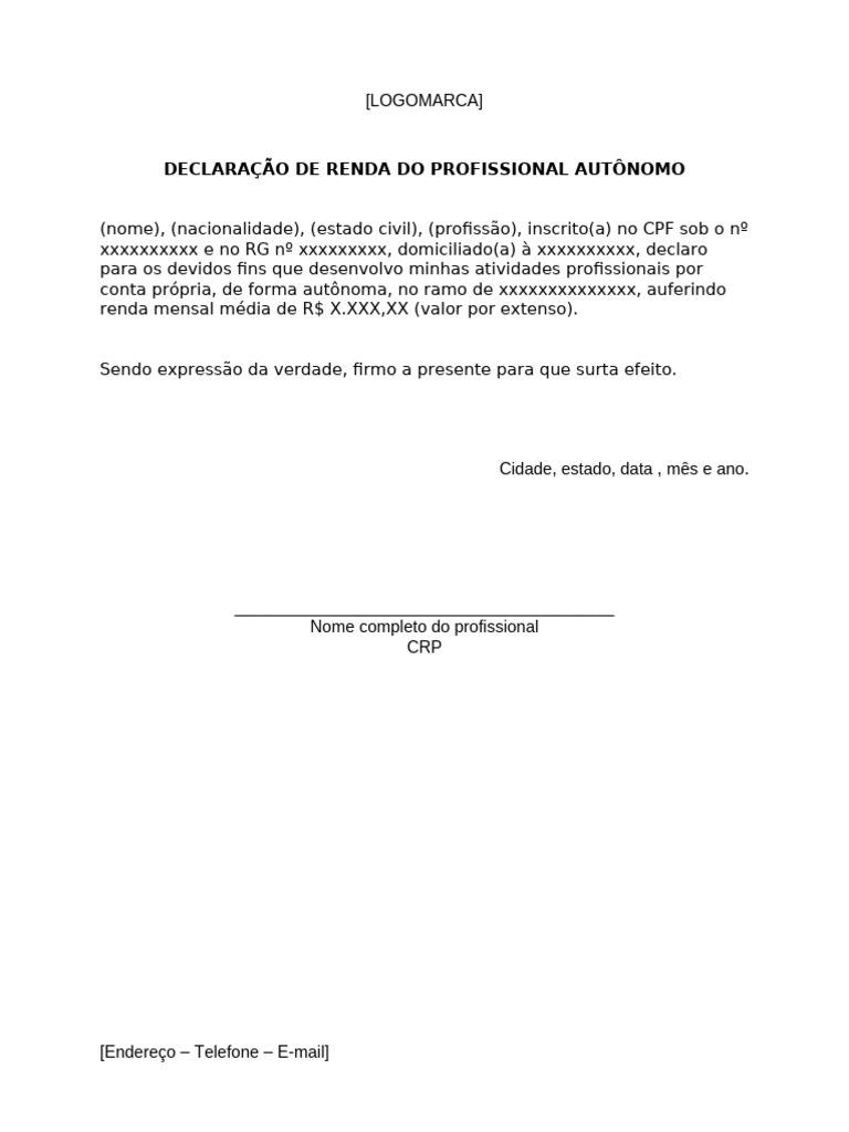 Declaração de Renda Do Profissional Autônomo Modelo 1 | PDF