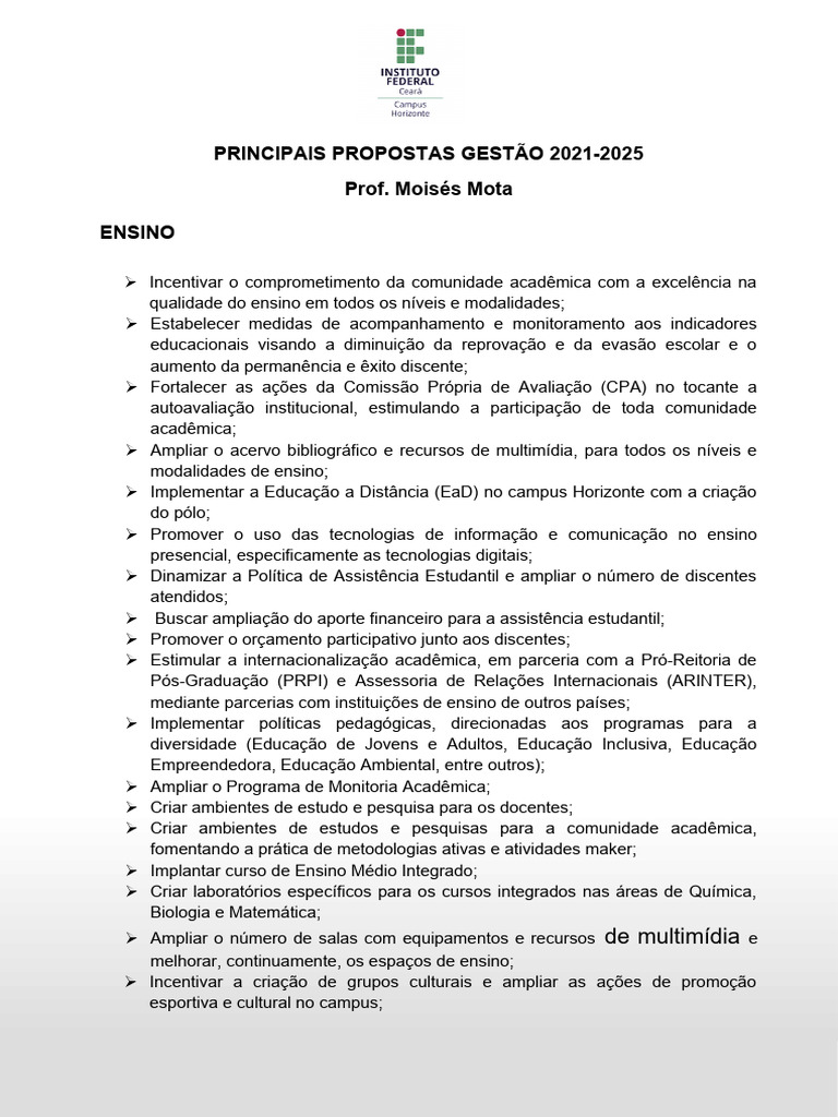 Principais Propostas Gestão 2021-2025 Prof. Moisés Mota Ensino | PDF