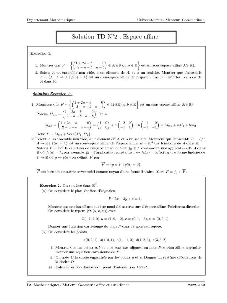 Solutions TD Mathématiques : Espaces Affines | PDF | Coordonnées ...