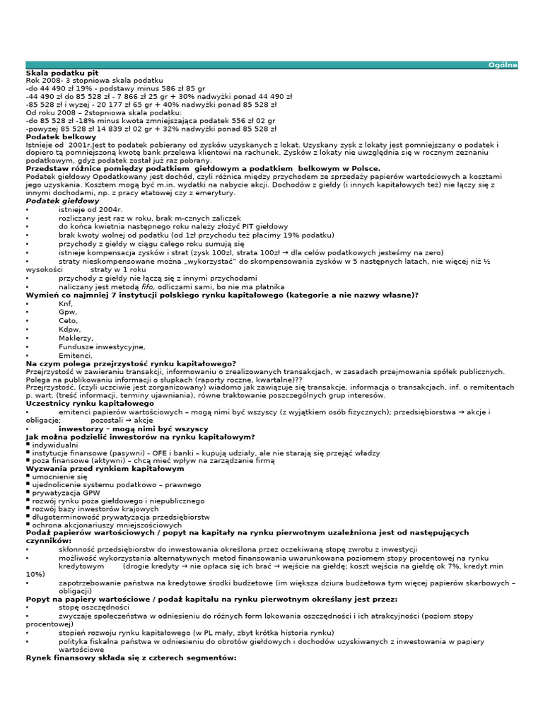 Notatek PL Opracowane Pytania Zagadnienia Rynek Kapitalowy | PDF