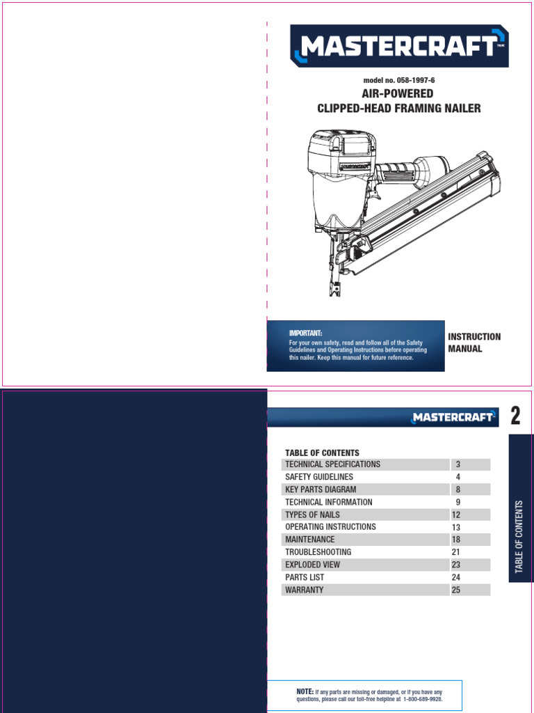 Mastercraft 058 1997 6 Framing Nailer English Manual | PDF | Manufactured Goods | Equipment