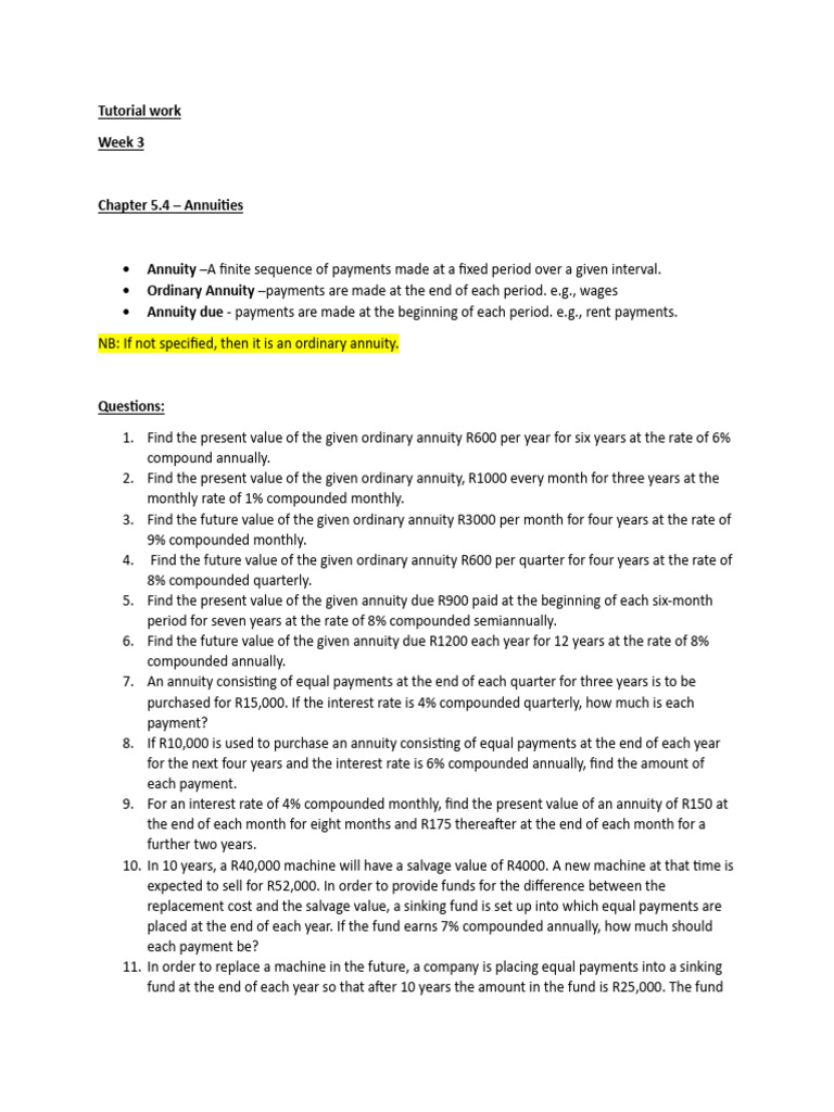Tutorial work W3 | PDF | Present Value | Interest