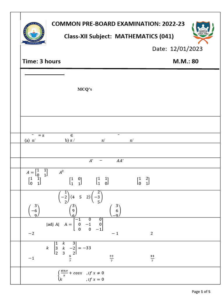 Common Pre-Board Examination: 2022-23 Class-XII Subject: MATHEMATICS | PDF | Matrix (Mathematics ...