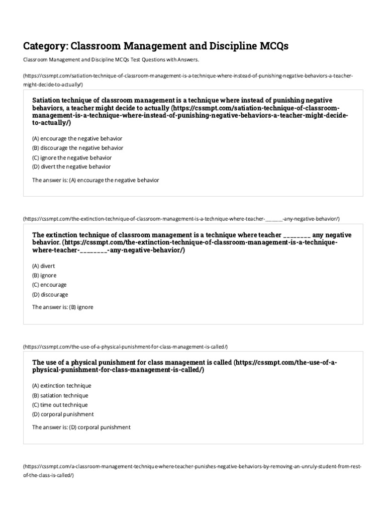 Classroom Management MCQs with Answers | PDF