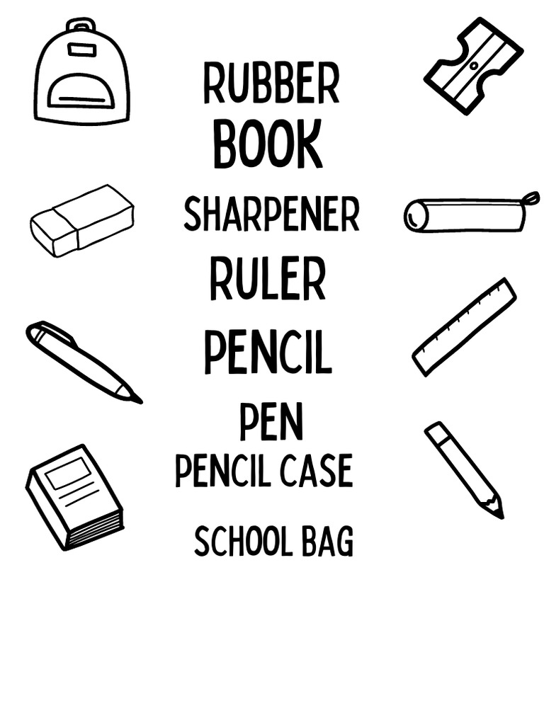 School Objects Matching Printable Worksheet in Black and White Simple ...