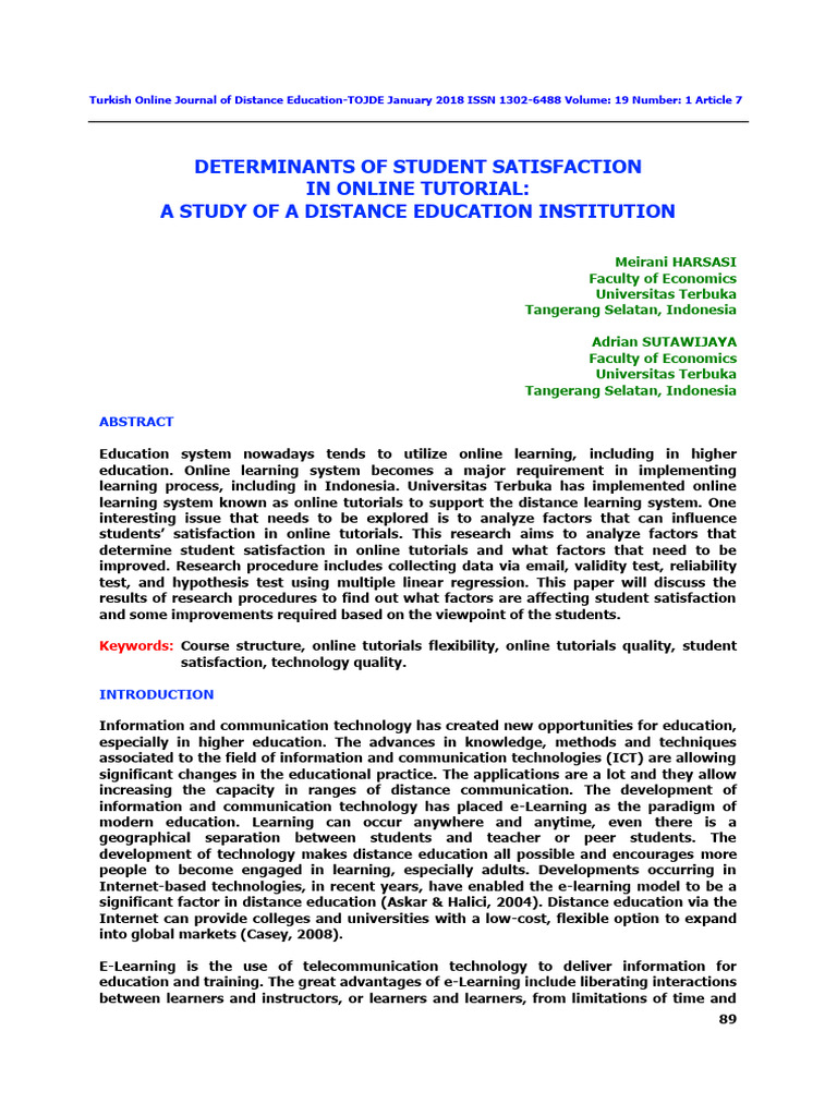Determinants of Student Satisfaction in Online Tutorial - A Study of A Distance Education ...