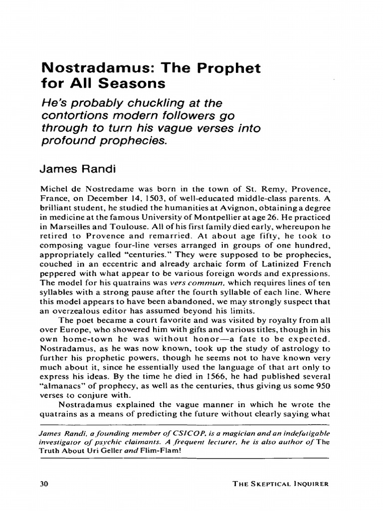 Nostradamus The Prophet James Randi | PDF | Nostradamus | Parapsychology