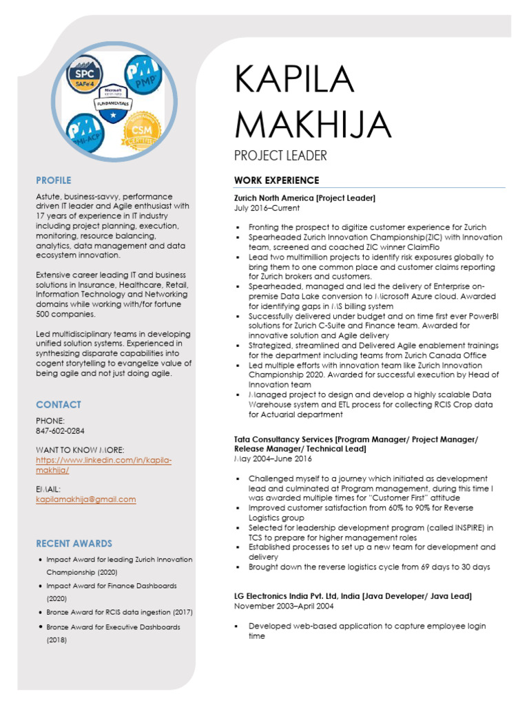 Resume Kapila Makhija Feb 2021 | PDF | Agile Software Development | Computing