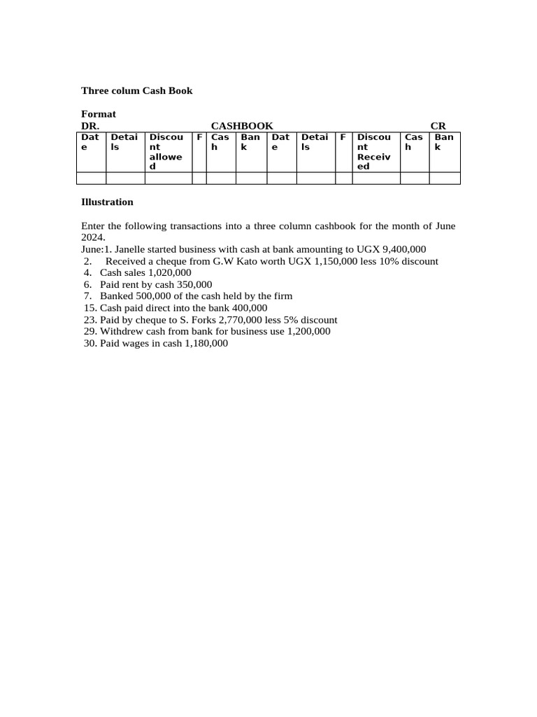 Three Column Cash Book June 2024 | PDF