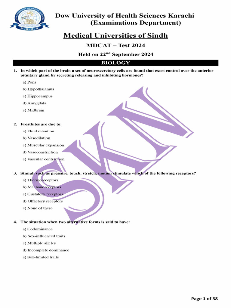 Sindh Duhs Mdcat 2024 Original Paper by SKN | PDF