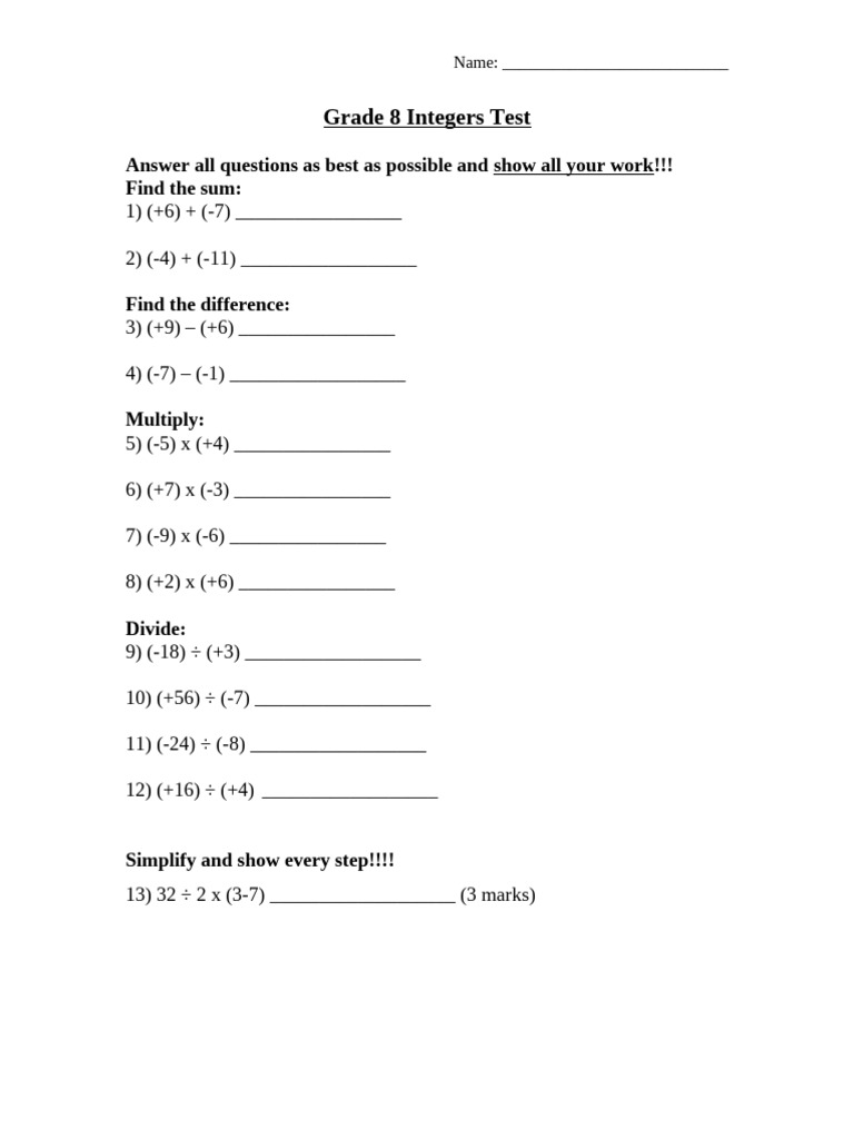 Grade 8 Integer Test | PDF