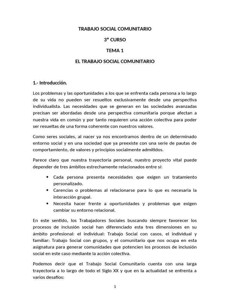 Trabajo Social Comunitario. Tema 1 | PDF | Trabajo Social | Sociedad