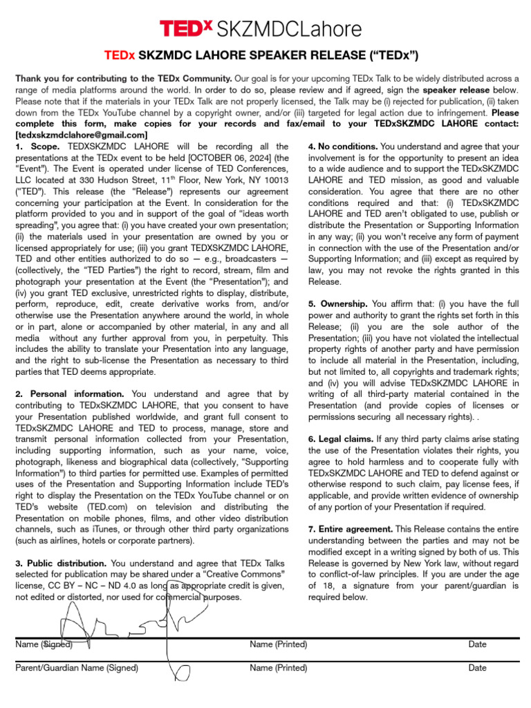 TEDx Speaker Release 2024 | PDF | License | Copyright Law
