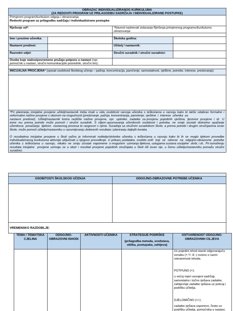 Obrazac Individualiziranog Kurikuluma | PDF