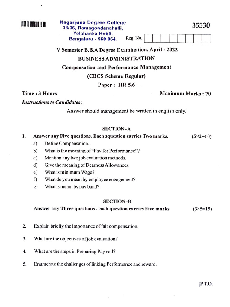 5TH Sem Bba Compensation and Performance Management CBCS April 2022 | PDF