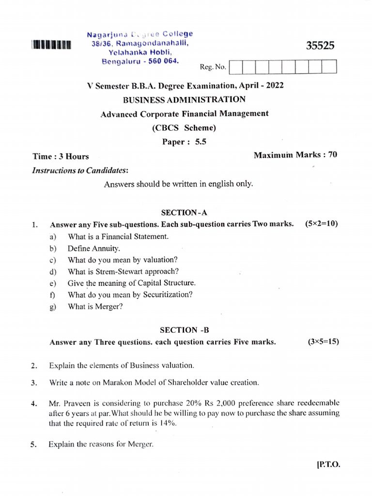 5TH Sem Bba Advanced Corporate Financial Management CBCS April 2022 | PDF | Valuation (Finance ...