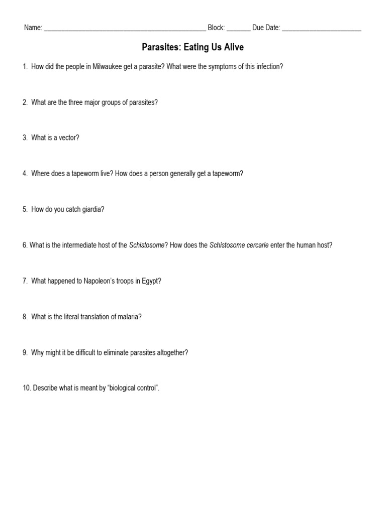11 Parasites Eating Us Alive Video Worksheet | PDF