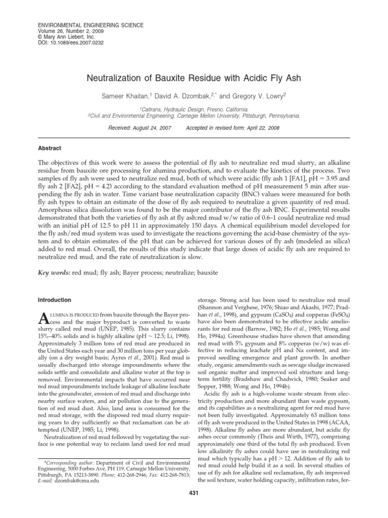 Khaitan2009 Neutralization of Bauxite Residue With Acidic Fly Ash | PDF | Ph | Chemistry