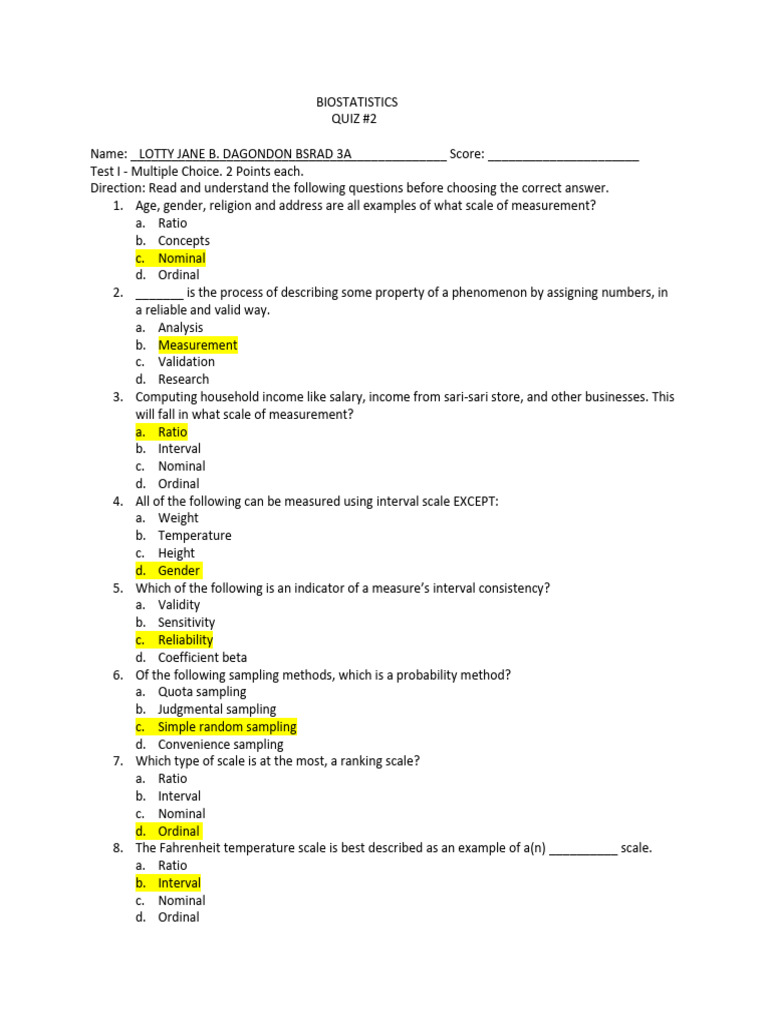 Quiz 2 BioStat | PDF | Sampling (Statistics) | Level Of Measurement